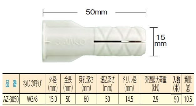 ALC用アンカー AZ AZ-3050 | 配管部品の通販店のダンドリープロ